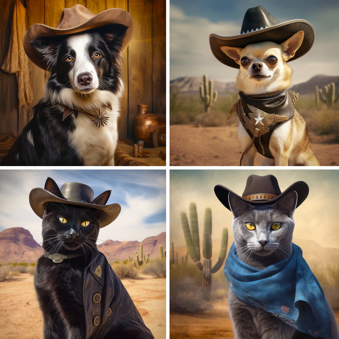 Custom Cowboy Pet Portrait Personalized Dog and Cat in Cowboy Costumes ...