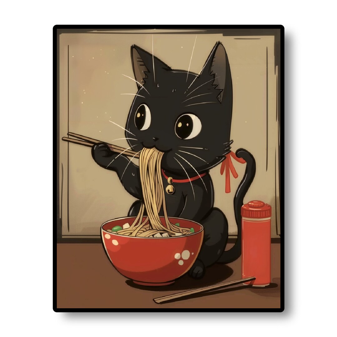 Noodle Black Cat Poster Tokyo Art Print Japan Black Cat Poster Edo ...
