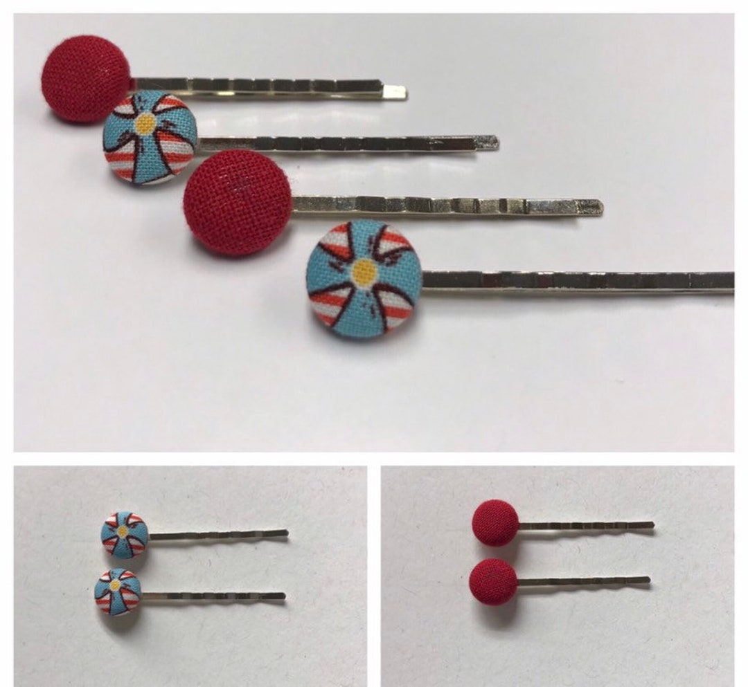 Hair Pins Set, Blue Pinwheel, Red Hair Pin, Plain Cotton Fabric, Hair ...