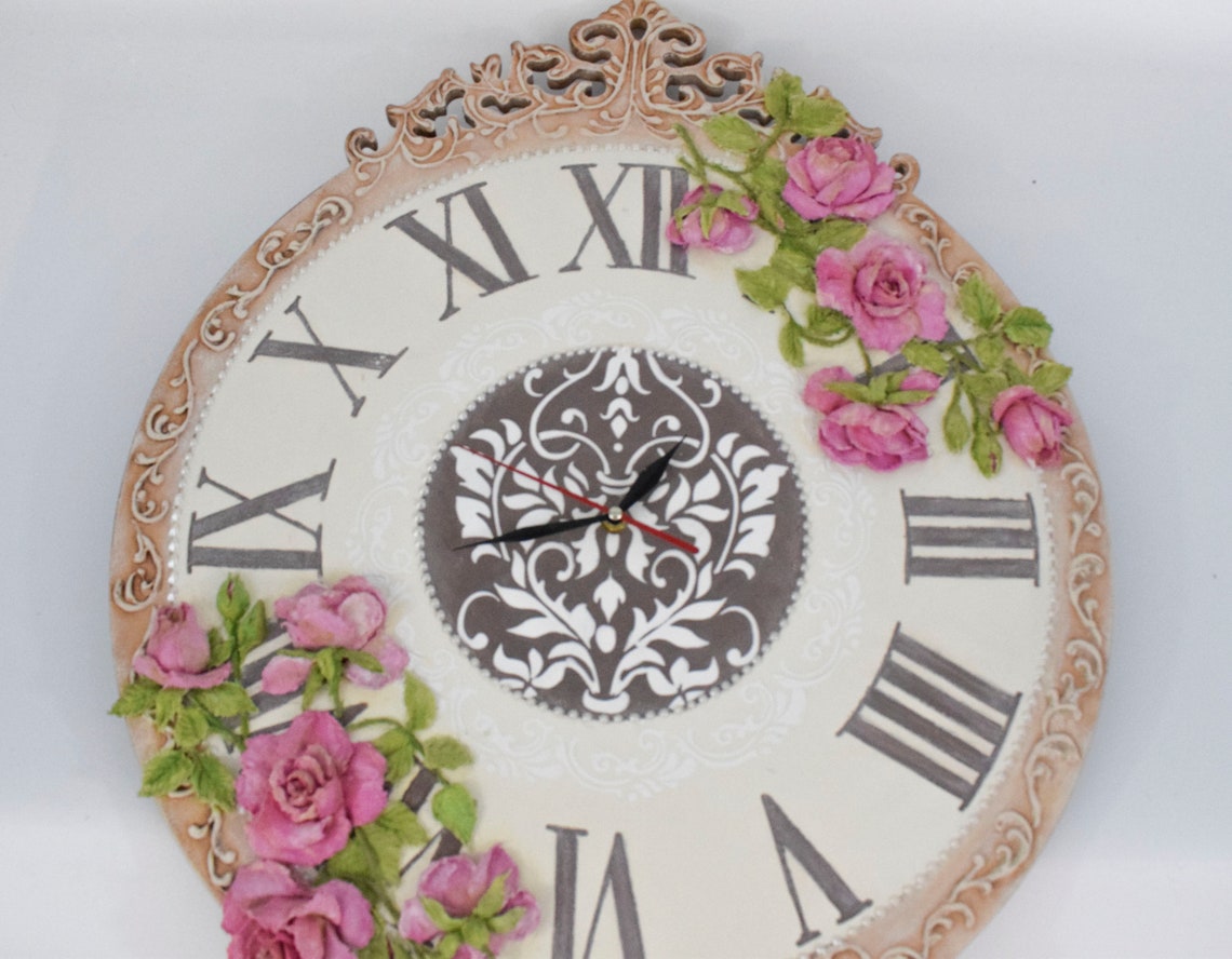 Large Wall Clock Romantic Floral Wall Art With Roses | Etsy