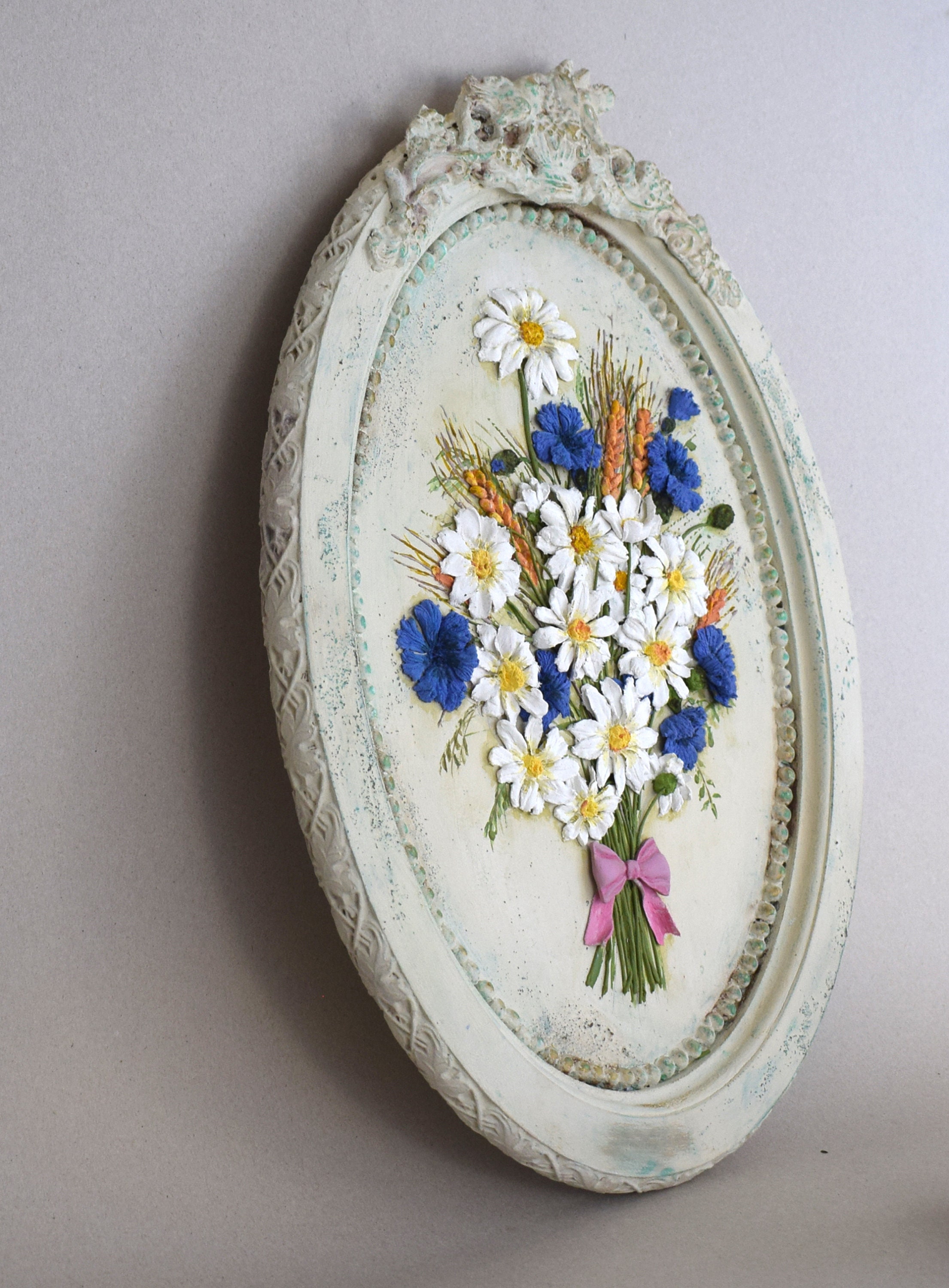 Embossed Painting- Oval Frame- Bouquet of Wild Flowers- Chamomile ...