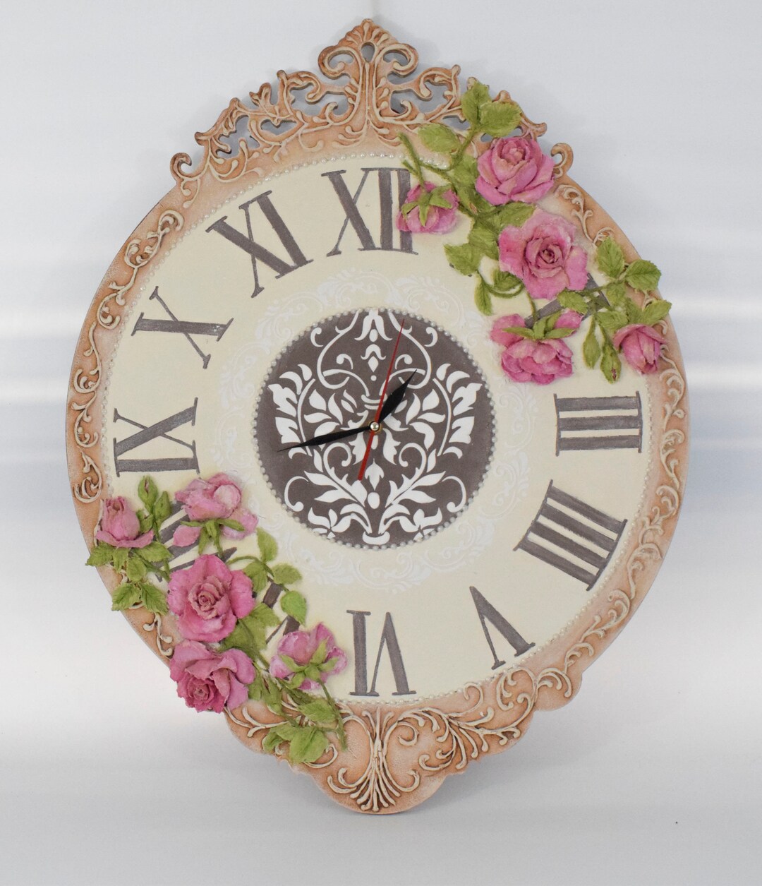 Large Wall Clock Romantic Floral Wall Art With Roses - Etsy