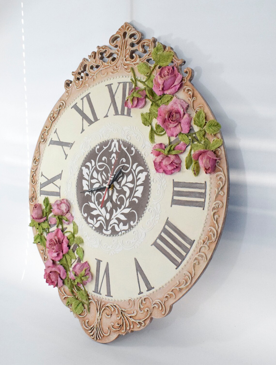 Large Wall Clock Romantic Floral Wall Art With Roses - Etsy
