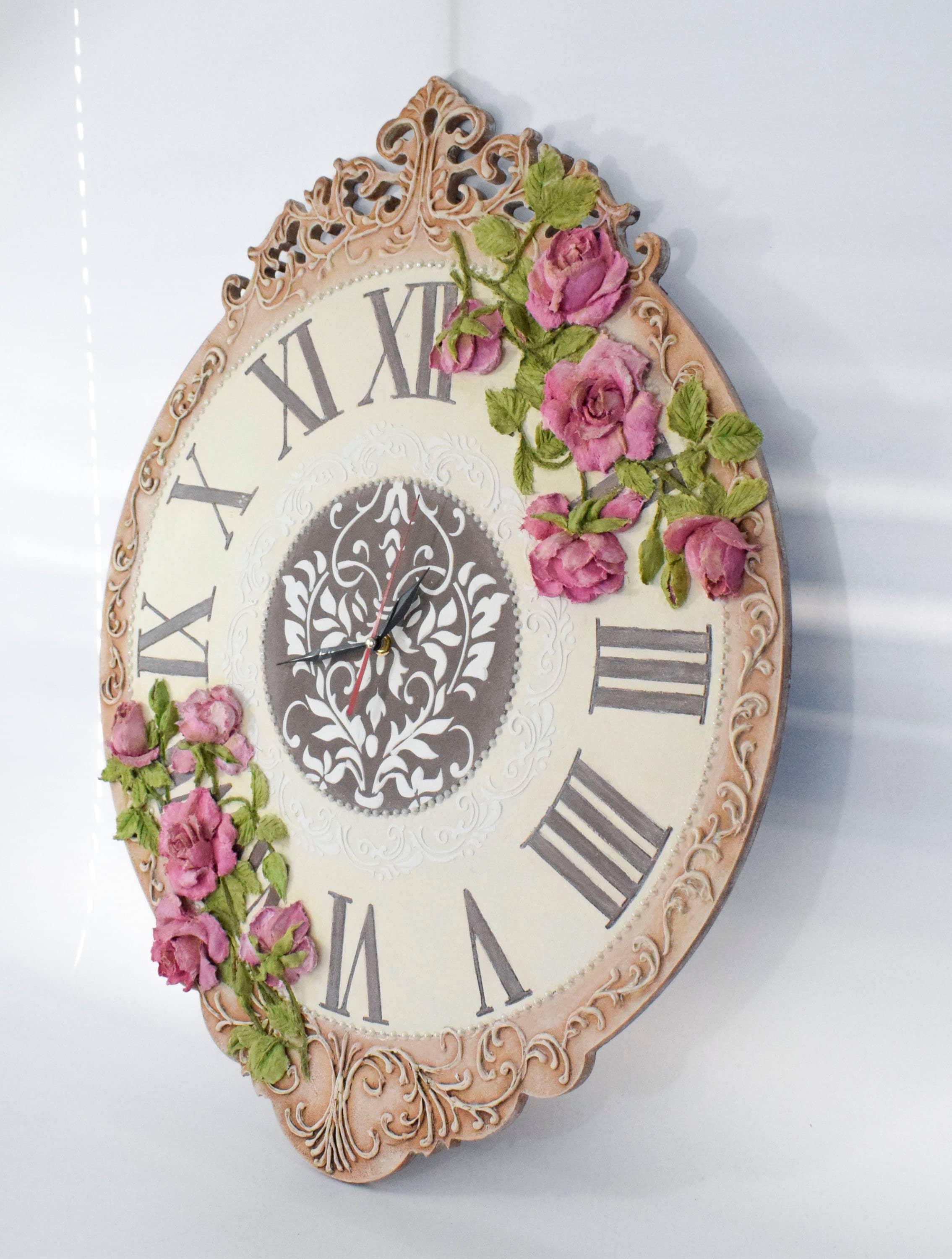 Large Wall Clock Romantic Floral Wall Art With Roses - Etsy