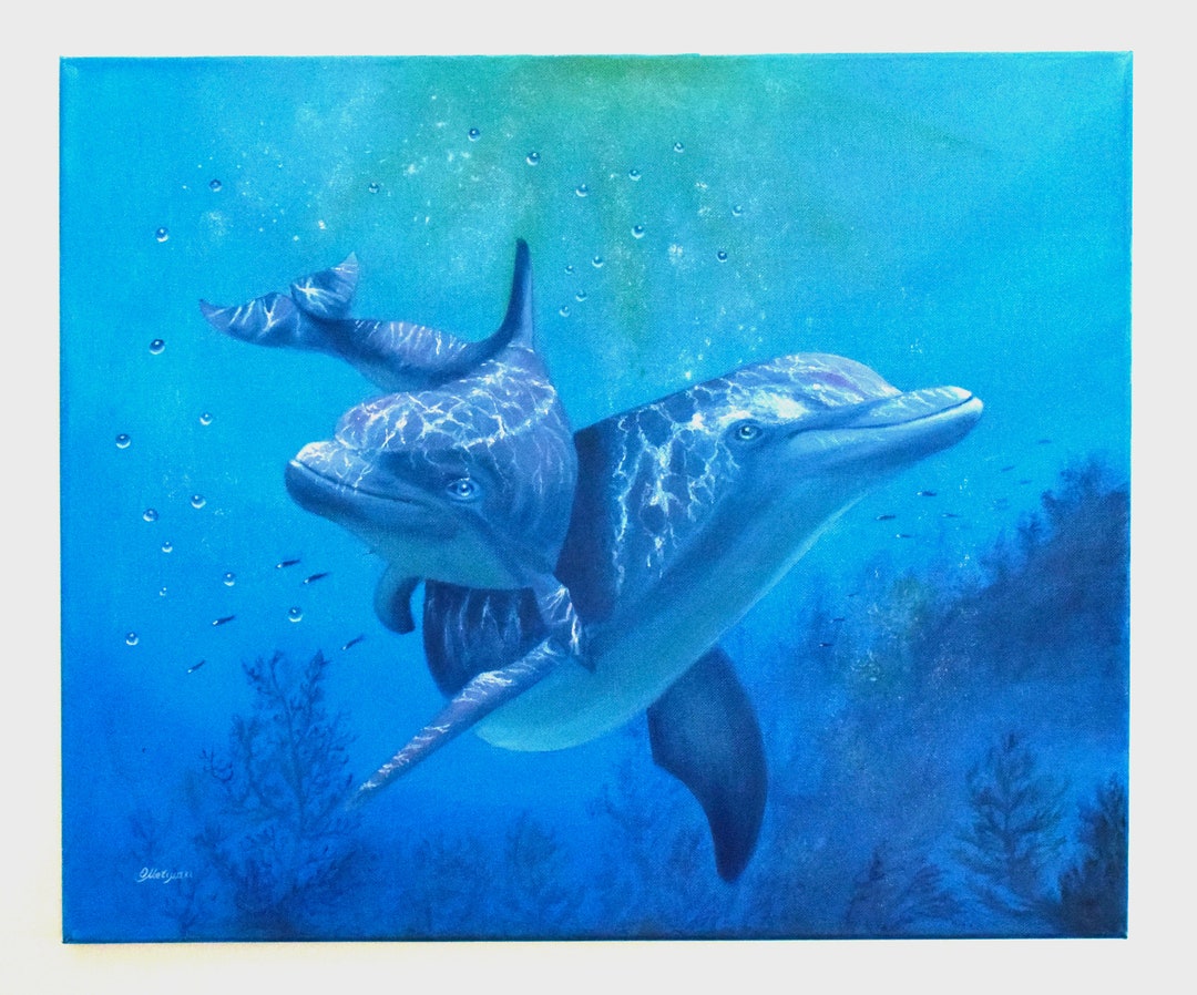 Interior Author's Oil Painting on Canvas Two Dolphins - Etsy