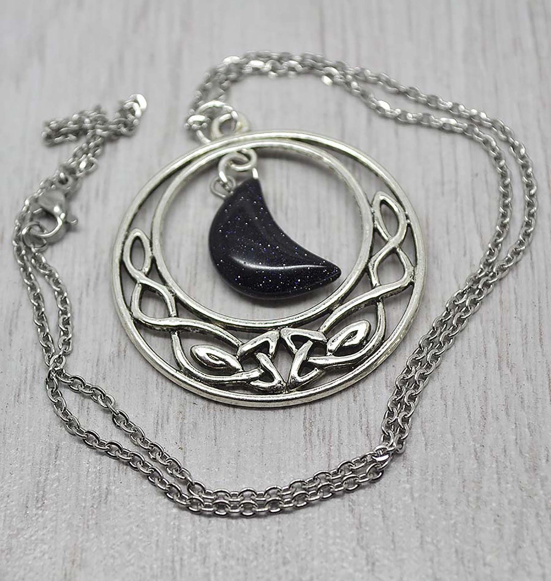 Antique Silver Style Plated Celtic Knot Disc Pendant & Natural Blue ...