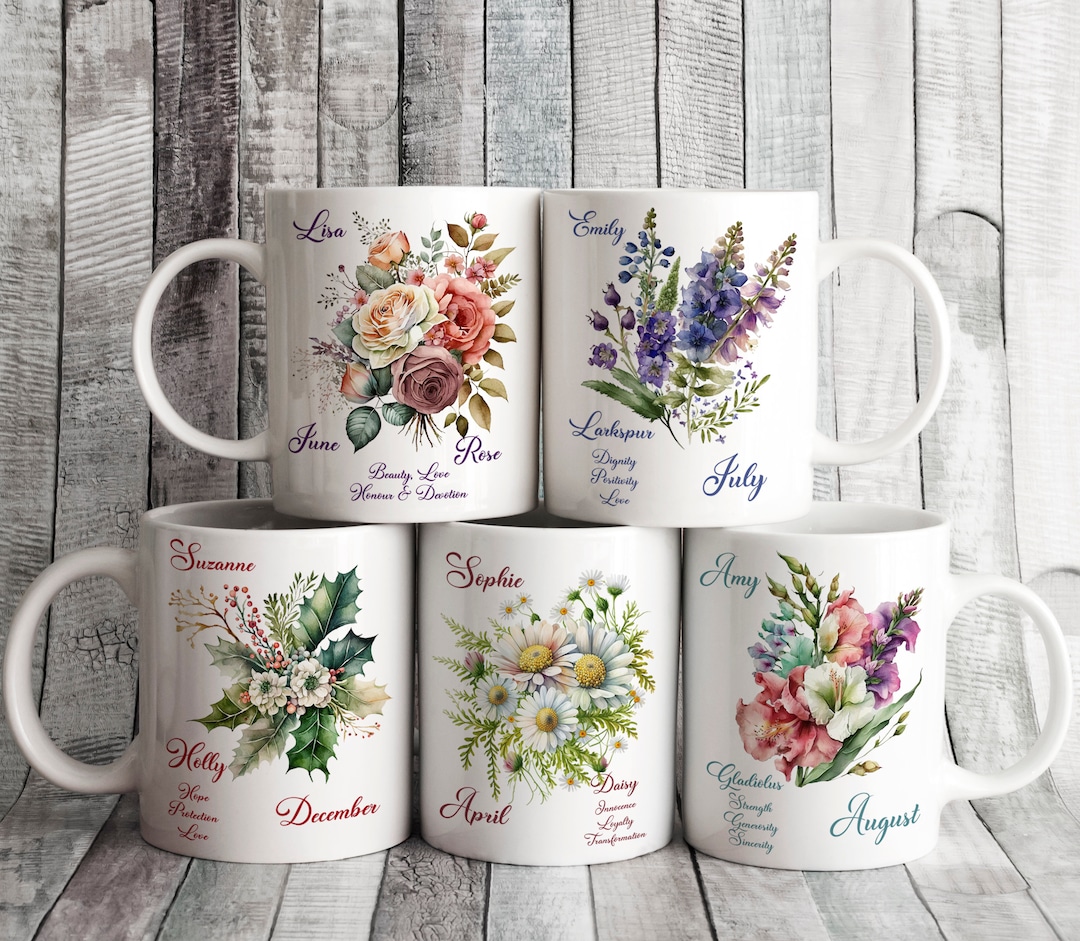 Personalised Birth Month Flower Mugs, Beautiful Floral Mug Gift, Birth ...