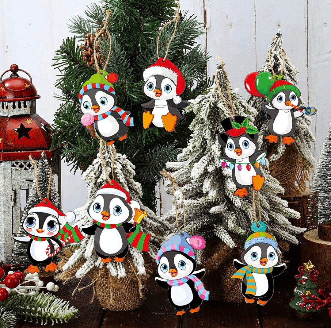 Christmas Tree Penguin Wooden Hanging Ornaments, Set of 8, Hanging ...