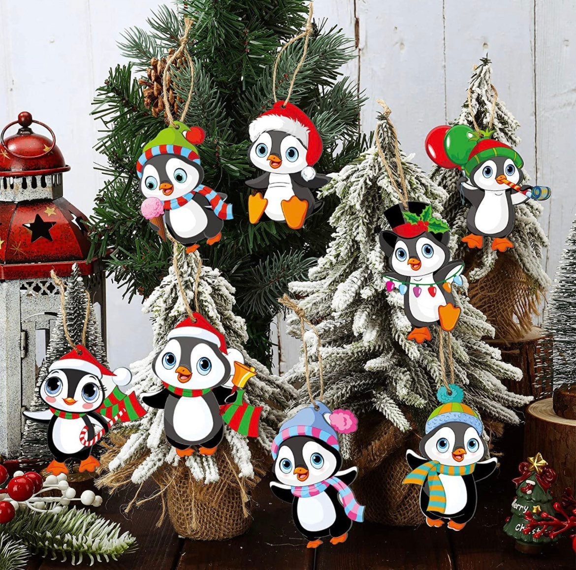 Christmas Tree Penguin Wooden Hanging Ornaments Set of 8 - Etsy