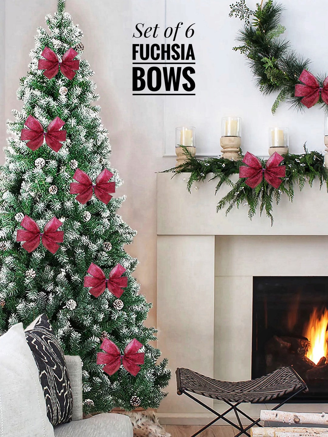 Christmas Tree Bows, Fuchsia Hot Pink Christmas Bows, Set of 6 Bows ...