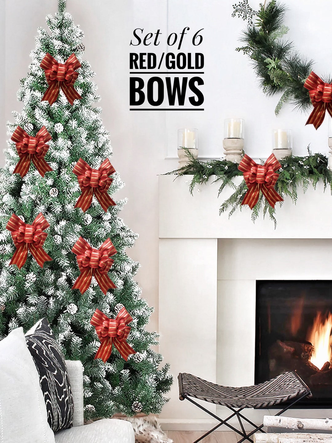 Christmas Tree Bows, Red and Gold, 11”x 8” Metallic Bows, Set of 6 ...