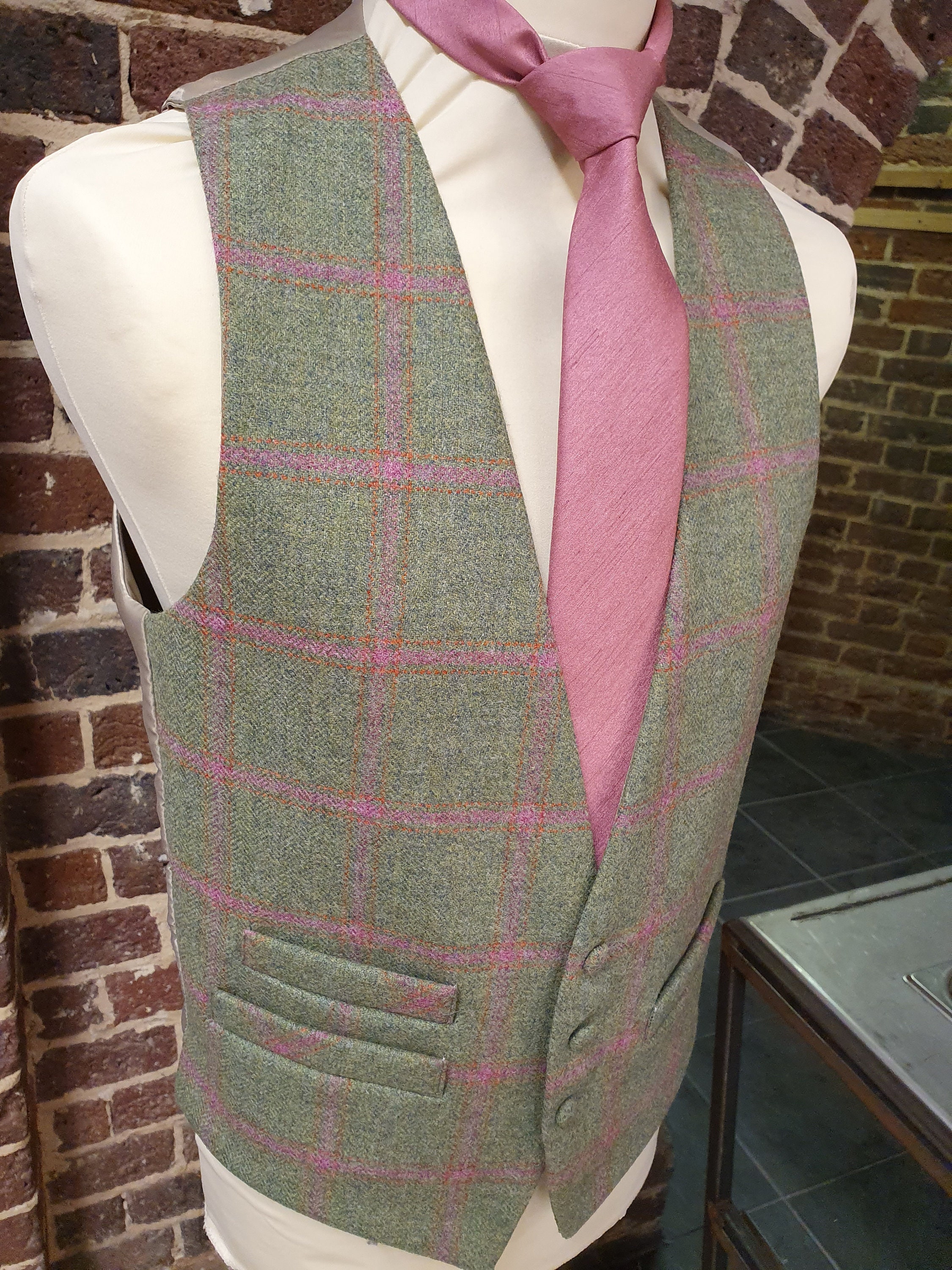 Woodland Wedding Green Tweed Waistcoat With a Pink Check - Etsy