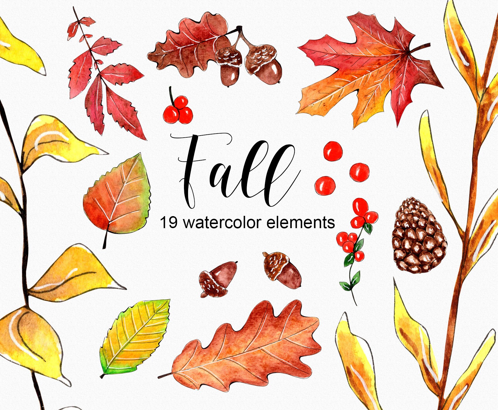 Autumn Fall Watercolor Clip Art, Autumn Fall Leaves and Other Elements ...