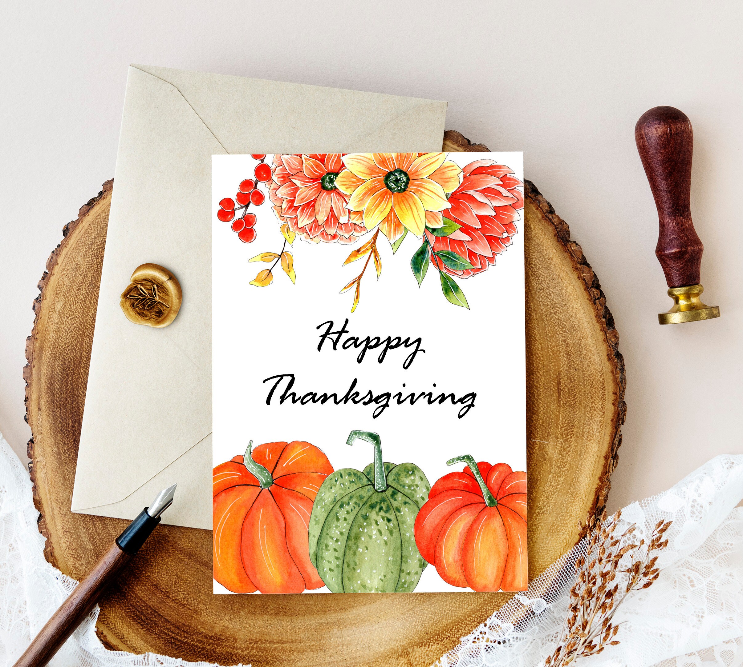 Happy Thanksgiving Clipart, Watercolor Flowers and Pumpkins, Digital ...