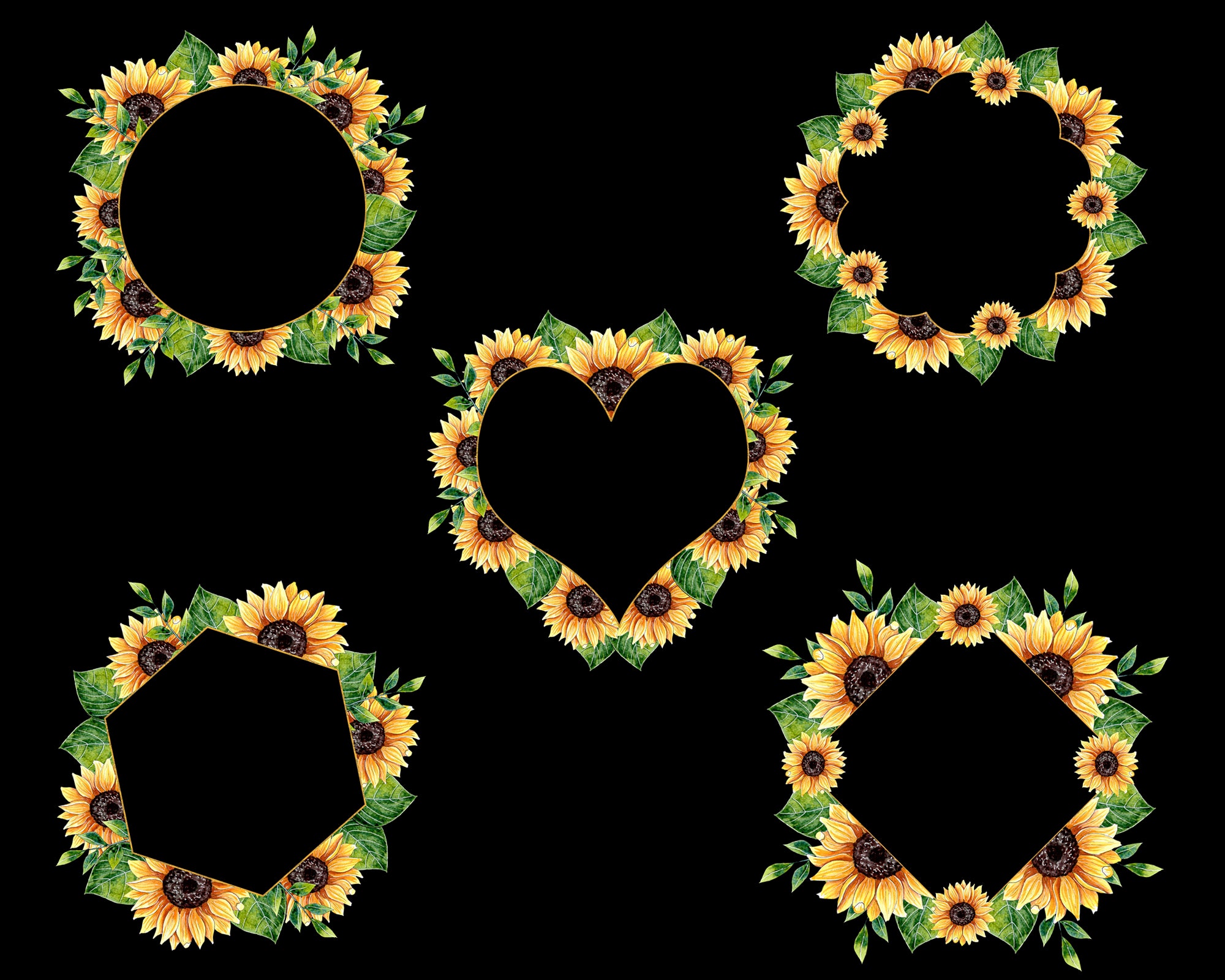 Watercolor Sunflower Floral Frame Clipart, Digital Download Png - Etsy