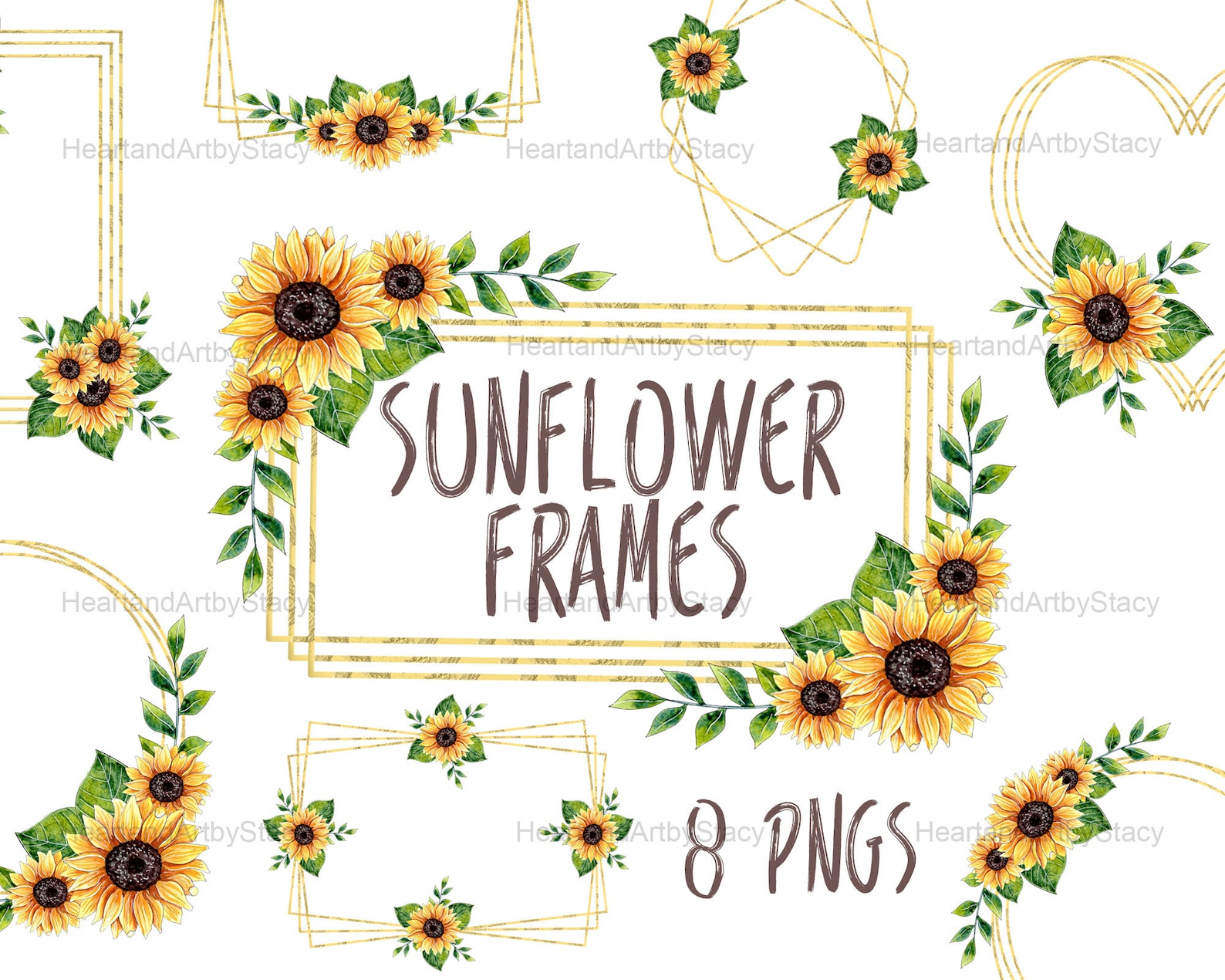 Watercolor Sunflower Frames Png, Sunflower Frame Clipart, Digital ...