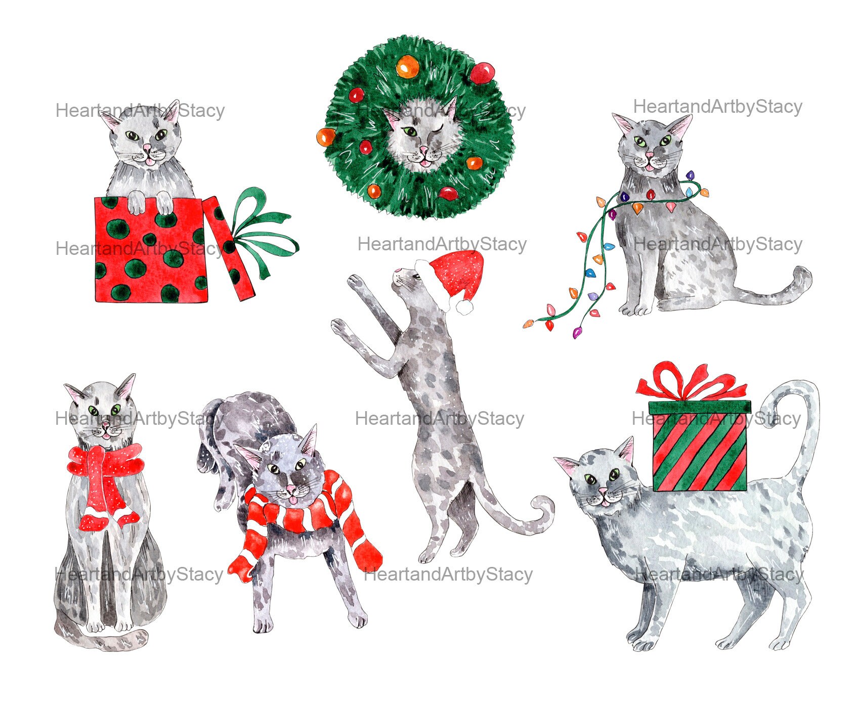 Christmas Cats Watercolor Clip Art, Christmas and New Year Design for ...