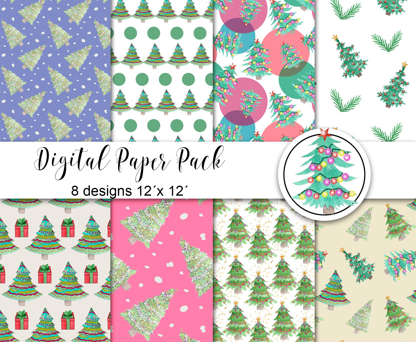 Christmas, New Year Digital Paper Pack, Watercolor Winter Patterns ...