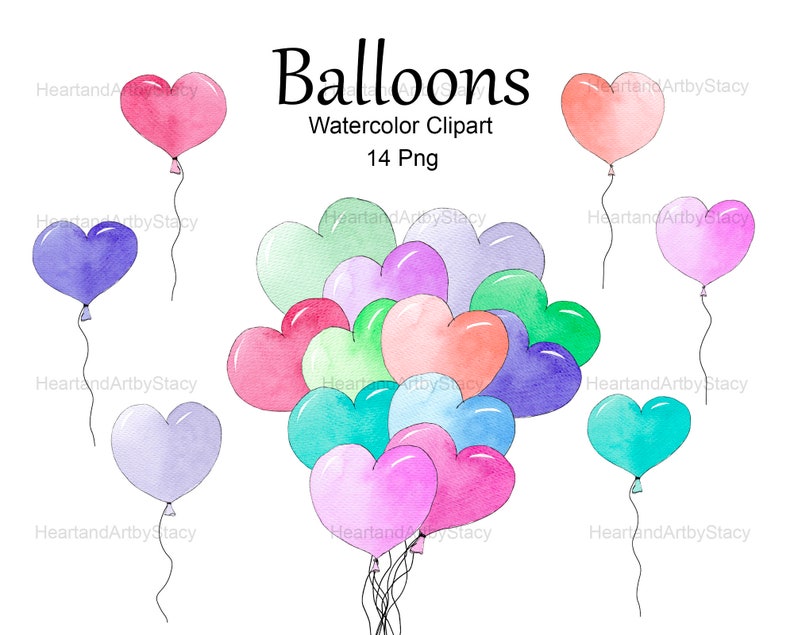 Heart Balloons Watercolor Clipart, Valentine Balloon Clipart, Digital ...