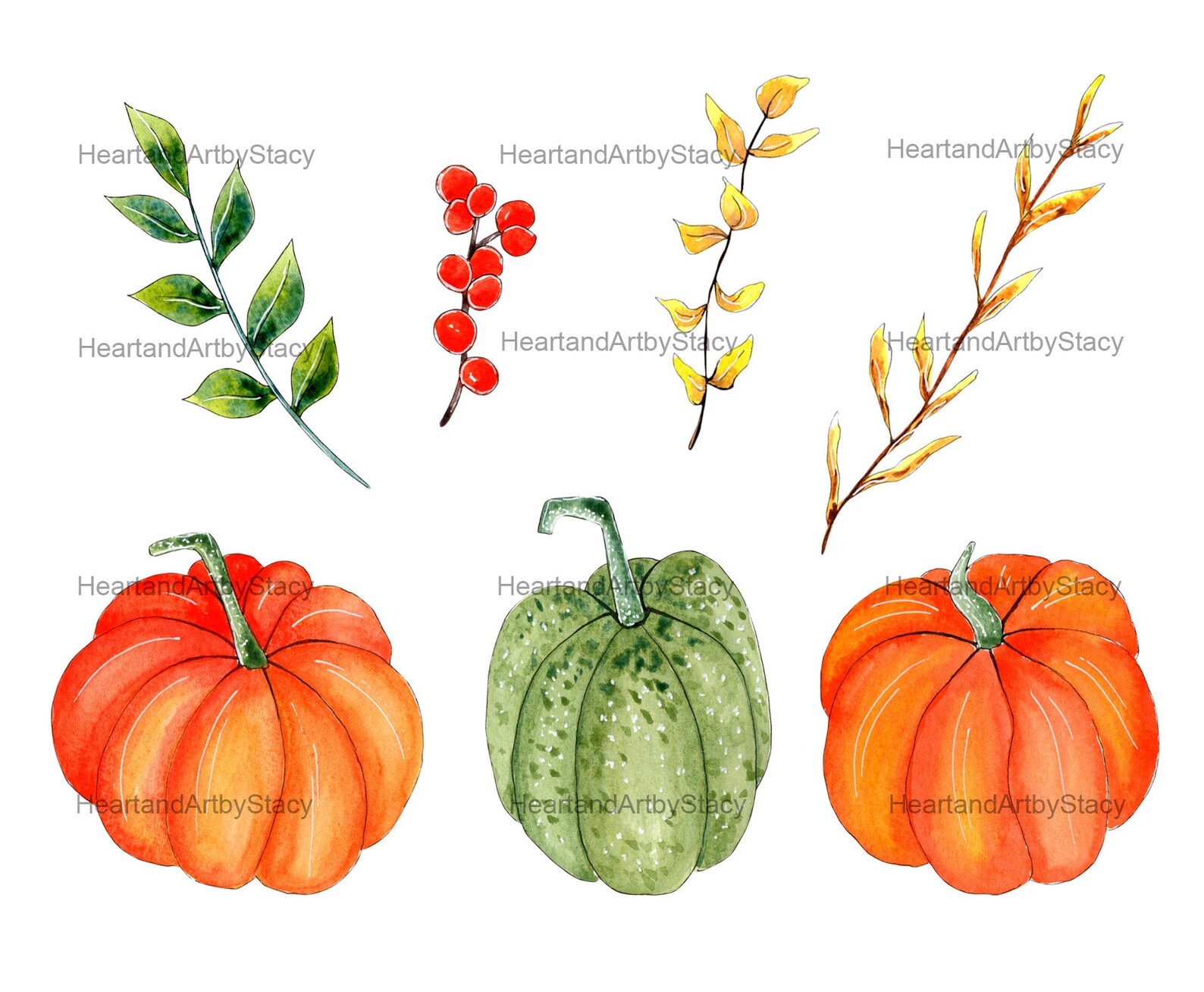 Watercolor Thanksgiving Set, Autumn Fall Elements, Pumpkins, Flowers ...