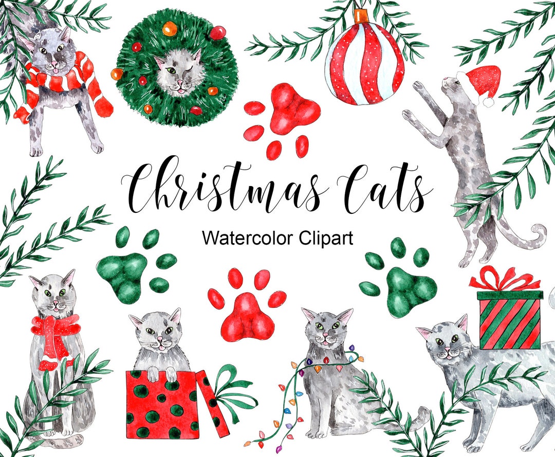Christmas Cats Watercolor Clip Art, Christmas and New Year Design for ...