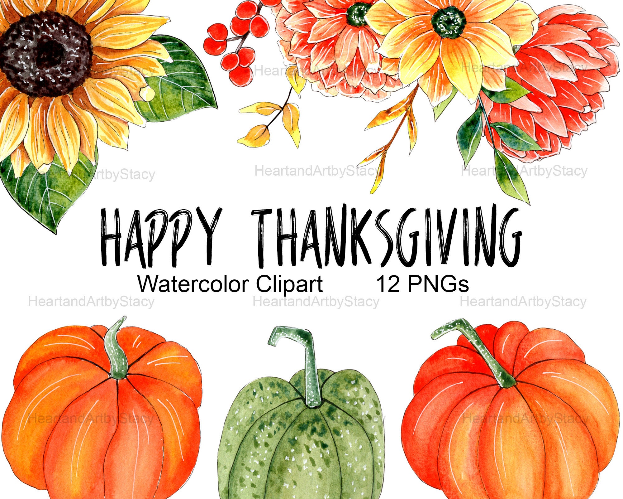 Happy Thanksgiving Clipart, Watercolor Flowers and Pumpkins, Digital ...