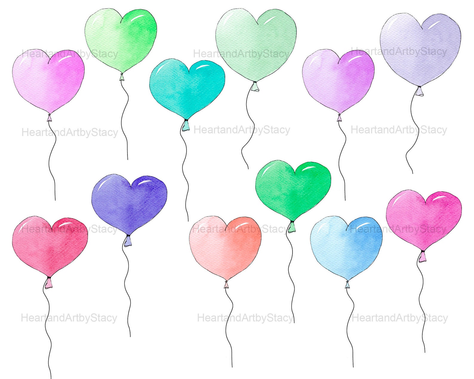 Heart Balloons Watercolor Clipart, Valentine Balloon Clipart, Digital ...