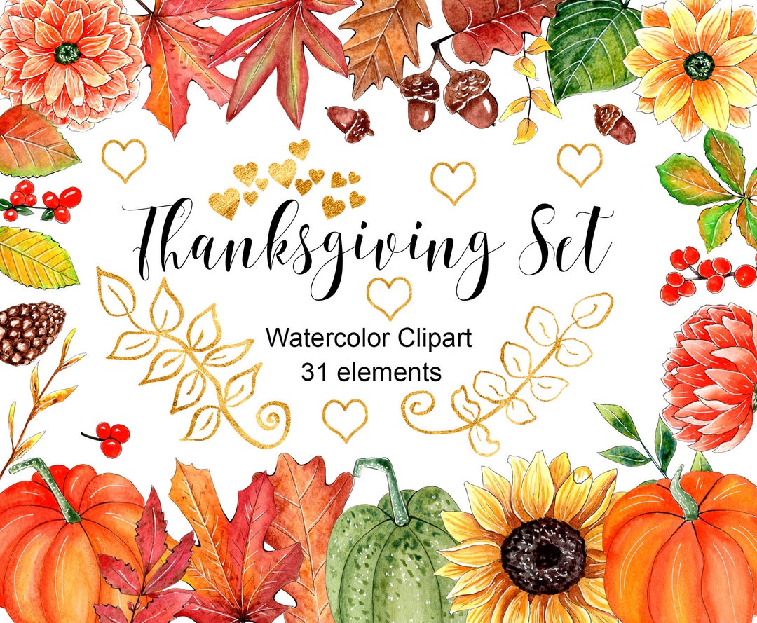 Watercolor Thanksgiving Set, Autumn Fall Elements, Pumpkins, Flowers ...