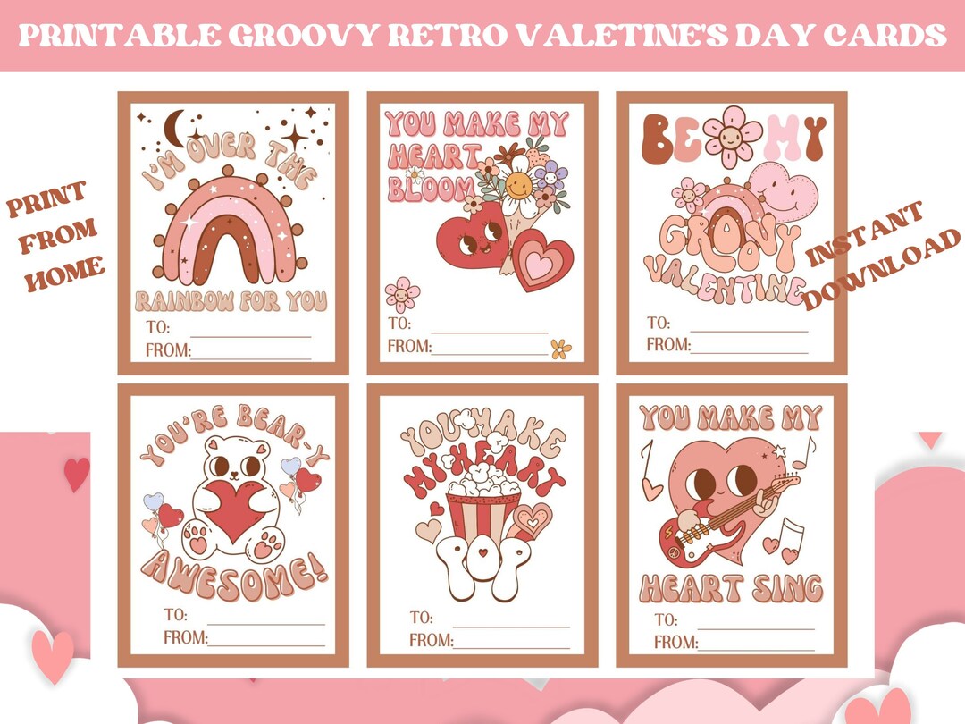 Groovy Valentine Cards Printable, Class Valentines Cards, Non Candy ...