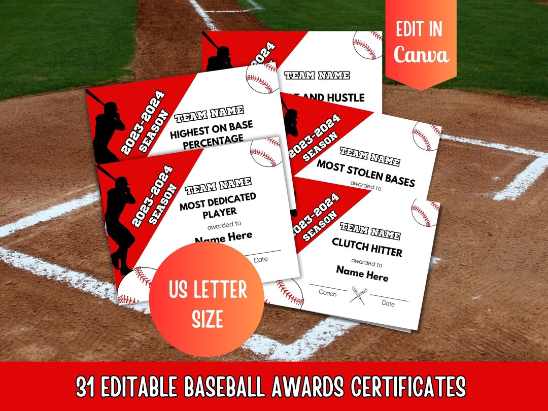 Editable Baseball Awards Certificate Canva Template, End of Season ...