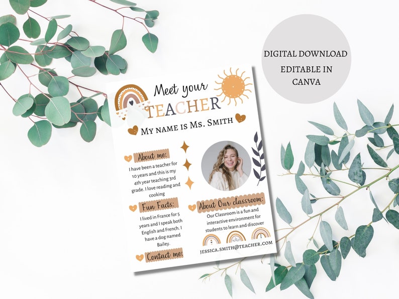 Meet the Teacher Editable Canva Template Boho Rainbow - Etsy