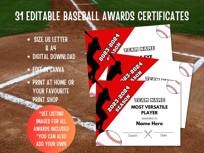 Editable Baseball Awards Certificate Canva Template, End of Season ...