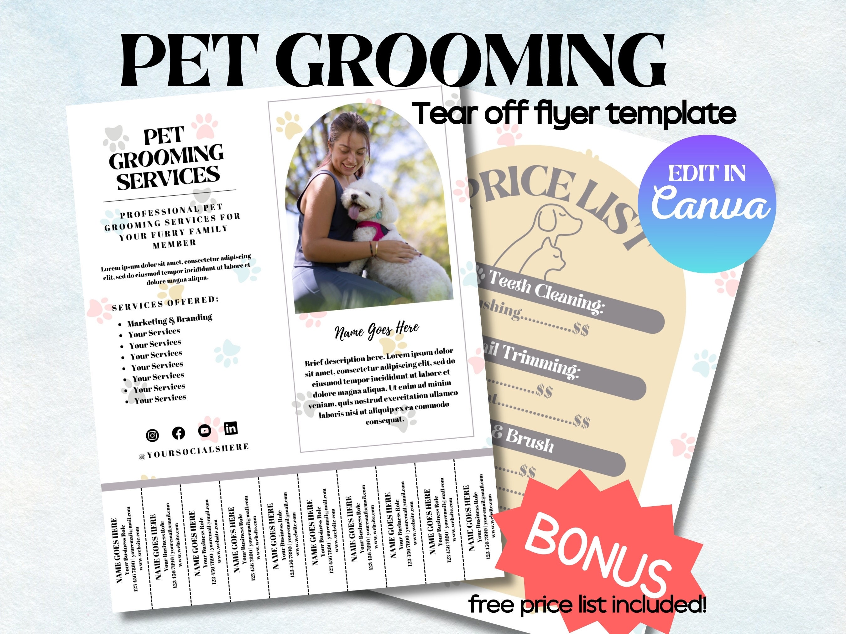 Dog Grooming Tear off Flyer, Canva Flyer Template, Pet Grooming Salon ...