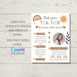 Meet the Teacher Editable Canva Template, Boho Rainbow Classroom Decor ...