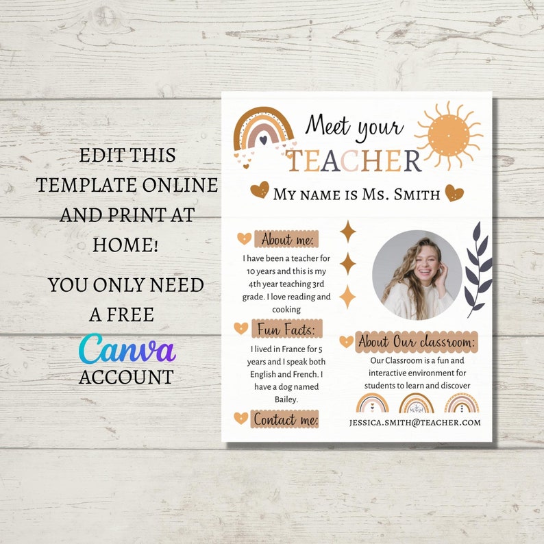 Meet the Teacher Editable Canva Template, Boho Rainbow Classroom Decor ...