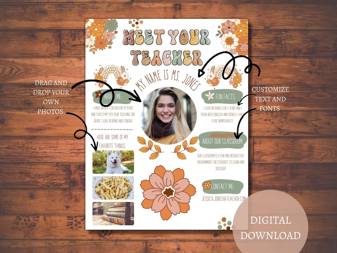 Meet the Teacher Editable Canva Template, Boho Rainbow Classroom Decor ...