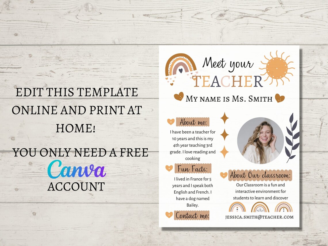 Meet the Teacher Editable Canva Template Boho Rainbow - Etsy