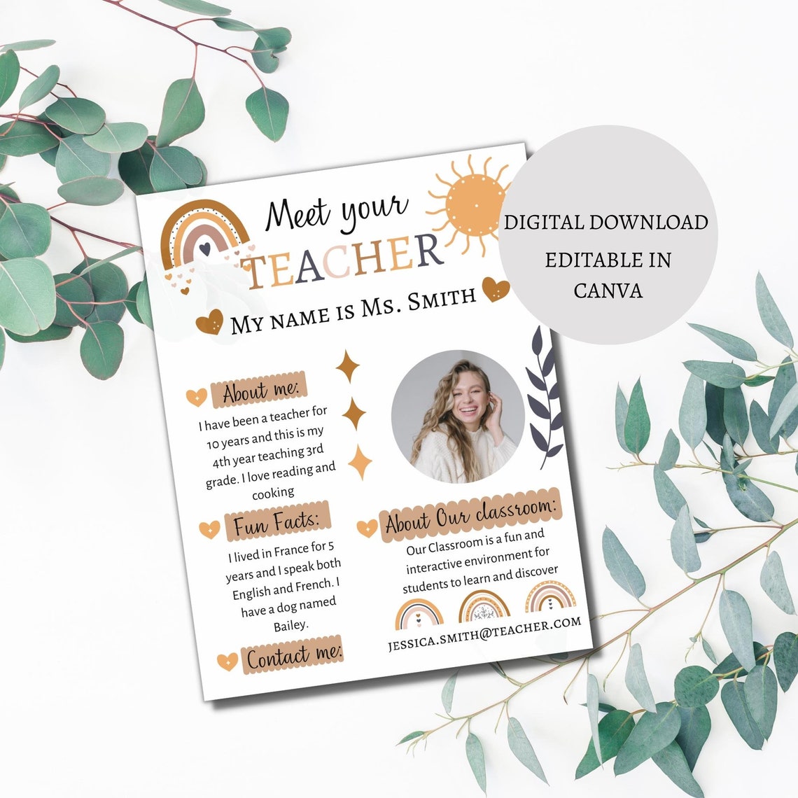 Meet the Teacher Editable Canva Template, Boho Rainbow Classroom Decor ...