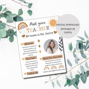 Meet the Teacher Editable Canva Template, Boho Rainbow Classroom Decor ...