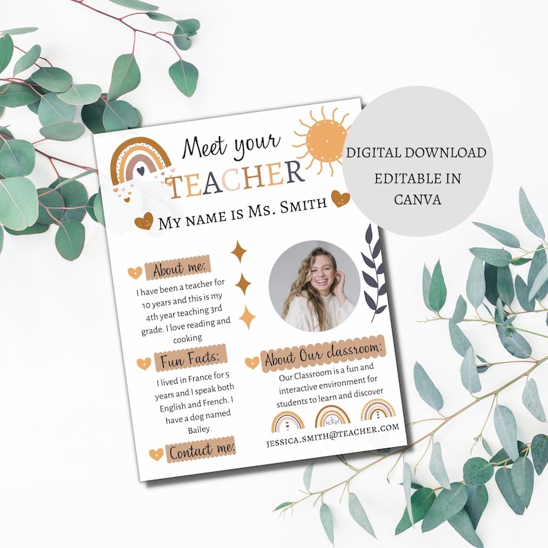 Meet the Teacher Editable Canva Template, Boho Rainbow Classroom Decor ...