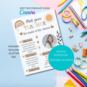 Meet the Teacher Editable Canva Template, Boho Rainbow Classroom Decor ...