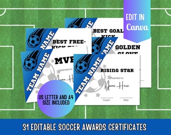 End of Season Soccer Award, Editable Football Award Certificates, Canva ...