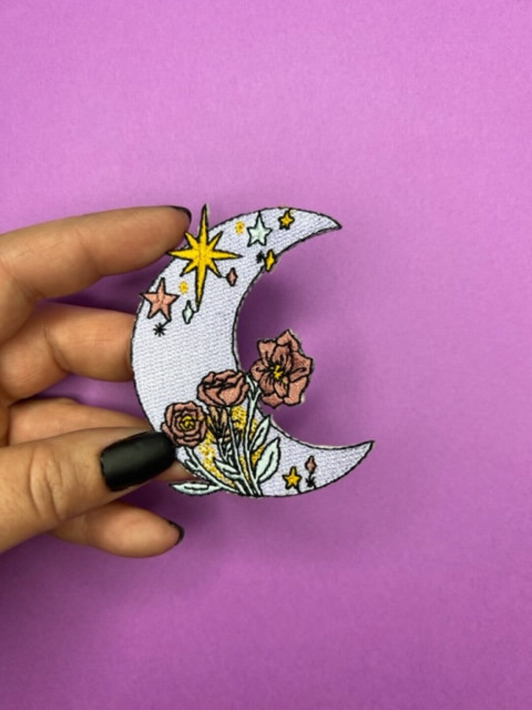 Purple Moon Patch - Iron on - Applique - Crescent Moon With Flowers - Etsy