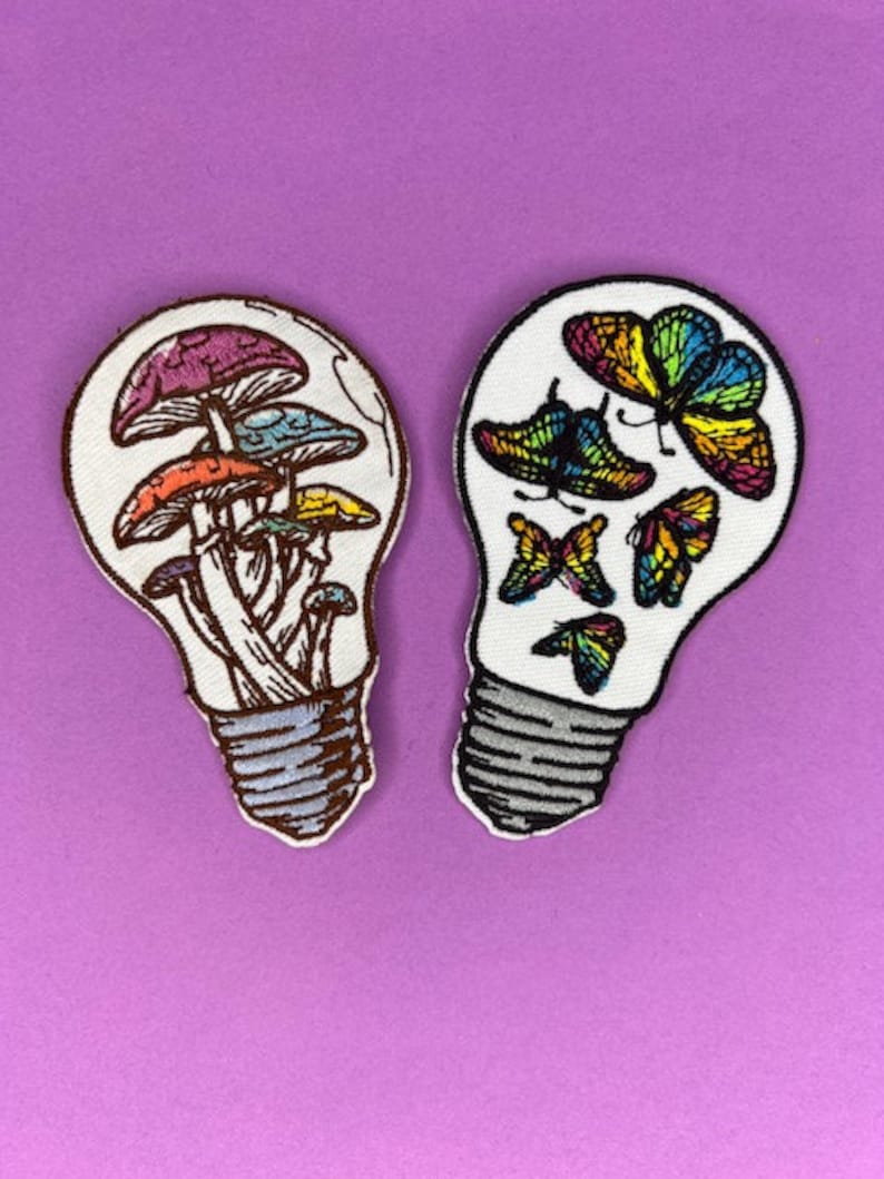 Mushrooms and Butterflies in Lightbulbs - Patch Set - Iron on ...