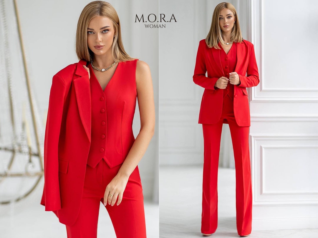 Red Women Suit, 3-piece Pantsuit for Women, Women Suit Vest, Classic ...