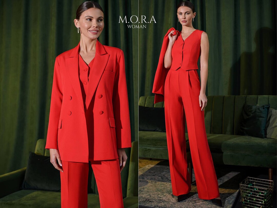 Red Suits for Women, Business Suit, Women Suit With Vest, Wide Leg Pant ...