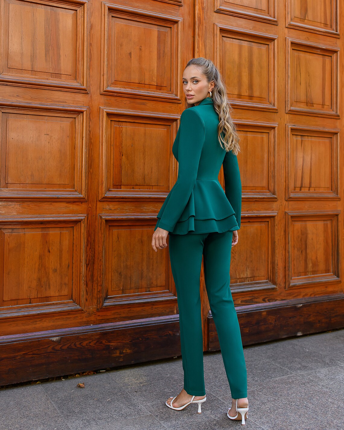 Green Formal Women Suit, Peplum Suit for Women, Peplum Pant Suit, Two Piece Peplum Pant Suit ...