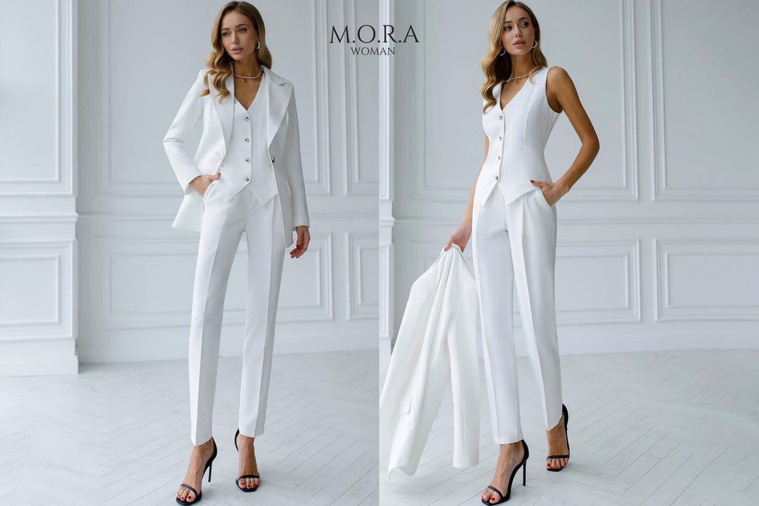 White Bridal Pantsuit With Vest, Elegant 3-piece Suit for Civil Wedding ...