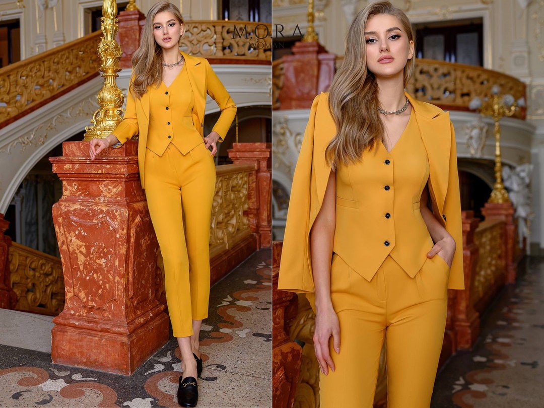 Mustard 3-piece Pantsuit With Vest, Elegant Business Outfit for Women ...