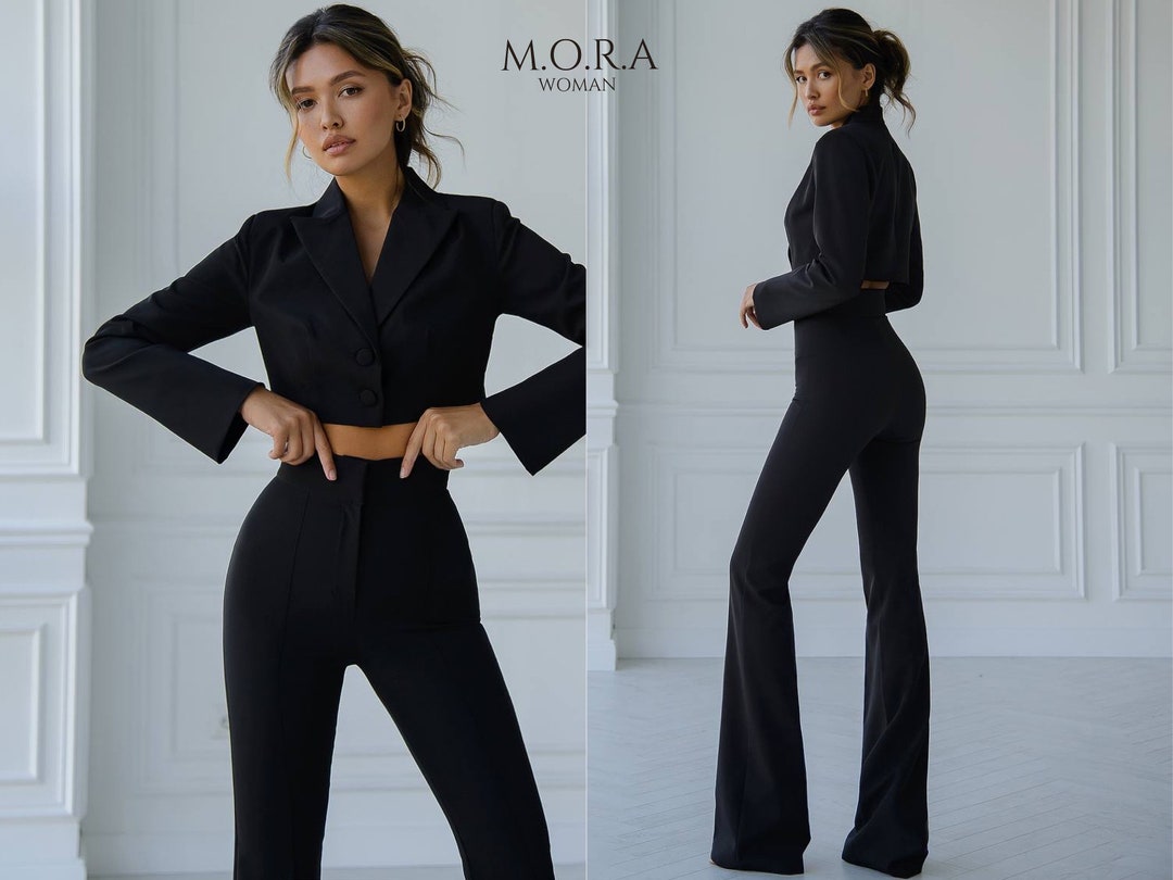 Black Suits for Women, Cropped Jacket Suit Pants. Flare Pant Suit ...